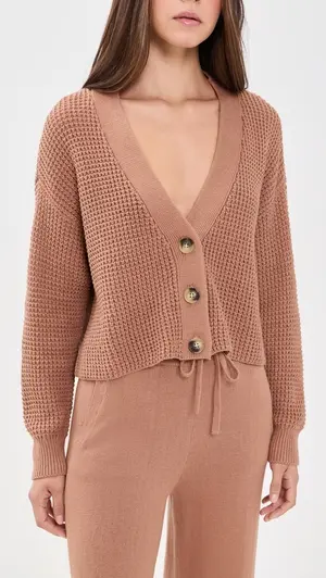 Eberjey Cropped Waffle Knit Cardigan - Hazelnut