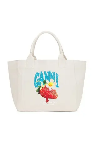 GANNI Medium Trapeze Shopper Strawberry Print In Cream
