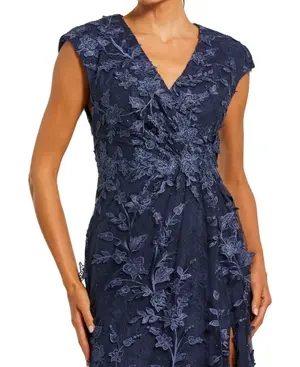 Mac Duggal Petite Faux Wrap Embroidered Cap Sleeve Gown - Midnight