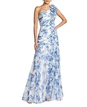 Mac Duggal Petite Ruched Floral Chiffon Gown With 3d Ruffles