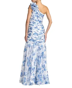 Mac Duggal Petite Ruched Floral Chiffon Gown With 3d Ruffles