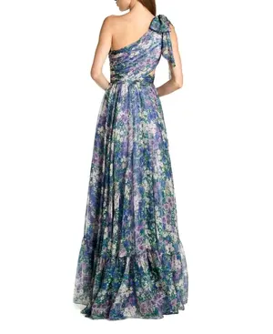 Mac Duggal One Shoulder Floral Printed Chiffon Gown With Side Cut Out And Slit