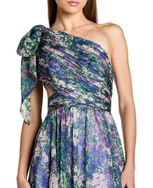 Mac Duggal One Shoulder Floral Printed Chiffon Gown With Side Cut Out And Slit