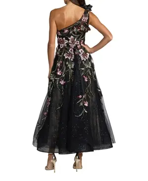 Mac Duggal Embroidered Floral One Shoulder A-line Dress