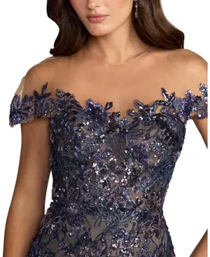 Mac Duggal Lace Mesh Illusion Neck Cap Sleeve Trumpet Gown