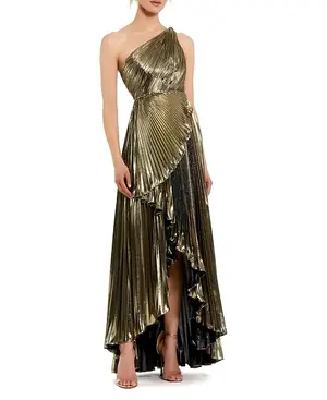 Mac Duggal Petite Pleated Metallic One Shoulder High Low Gown - Gold