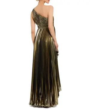 Mac Duggal Petite Pleated Metallic One Shoulder High Low Gown