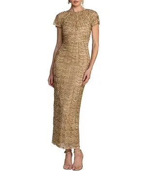 Mac Duggal High Neck Cap Sleeve Beaded Mesh Gown - Gold