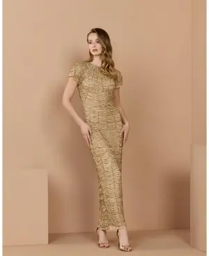 Mac Duggal High Neck Cap Sleeve Beaded Mesh Gown