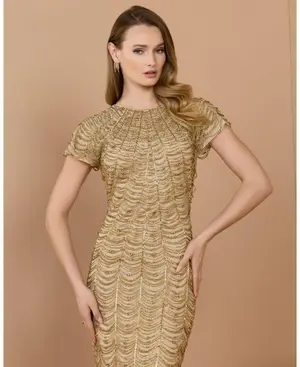 Mac Duggal High Neck Cap Sleeve Beaded Mesh Gown