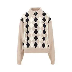Miu Miu Argyle Cashmere Polo Sweater - Beige