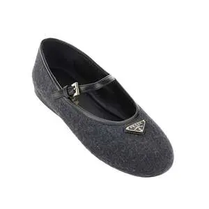 Prada Wool Ballerina Flats With Triangle Logo And Adjustable Strap - Grey