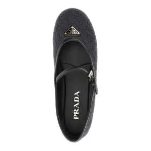 Prada Wool Ballerina Flats With Triangle Logo And Adjustable Strap - Grey