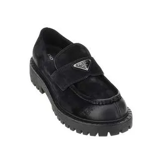 Prada Suede Leather Loafers With Logo And Lug Sole