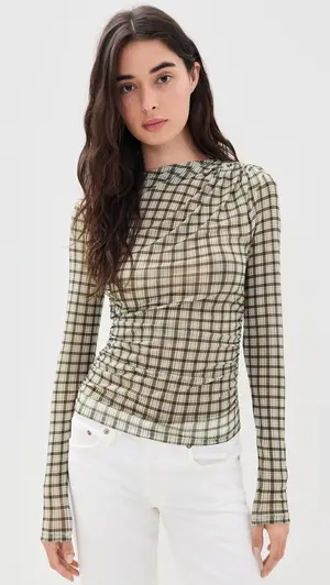 Veronica Beard Nuivina Ruched Checked Mesh Top - Loden Multi