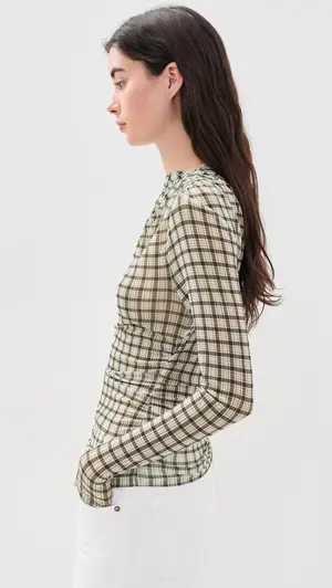 Veronica Beard Nuivina Ruched Checked Mesh Top - Loden Multi