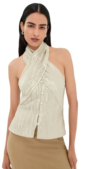 Rosie Assoulin Twisted Halter Top - Metallic Silver