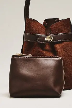 Anthropologie Faux Suede Buckle Bucket Bag - Tan