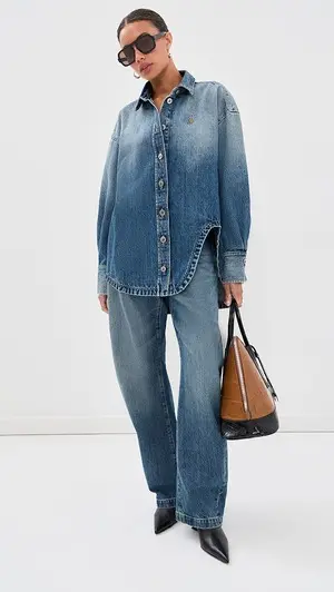 Attico Bomber Denim Button Down Shirt - Sky Blue
