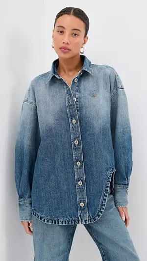 Attico Bomber Denim Button Down Shirt - Sky Blue