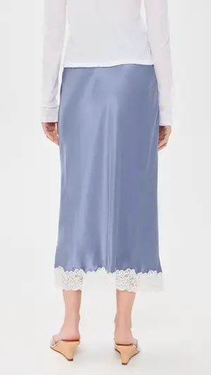 LoveShackFancy Janella Silk Blend Satin Midi Skirt With Lace Trim - Weathered Blue