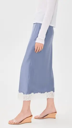 LoveShackFancy Janella Silk Blend Satin Midi Skirt With Lace Trim - Weathered Blue