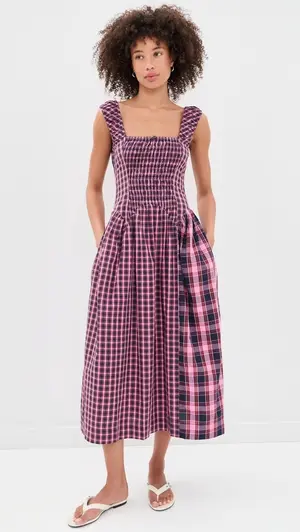 DAMSON MADDER Mallory Midi Dress With Checked Pattern And Shirred Bodice