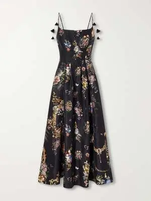 Camilla Flamenco Folklore Floral-print Linen And Silk-blend Dupioni Midi Dress - Multi