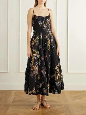 Camilla Flamenco Folklore Floral-print Linen And Silk-blend Dupioni Midi Dress - Multi