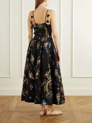 Camilla Flamenco Folklore Floral-print Linen And Silk-blend Dupioni Midi Dress - Multi