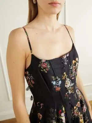 Camilla Flamenco Folklore Floral-print Linen And Silk-blend Dupioni Midi Dress - Multi