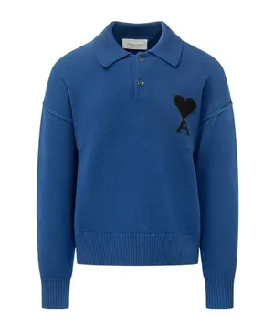 AMI Paris Long Sleeve Knit Polo With Heart Logo