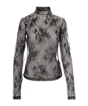 Patrizia Pepe Lace Overlay High Neck Long Sleeve Top