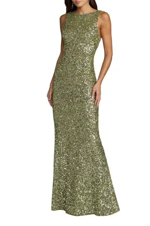 Mac Duggal Petite High Neck Sleeveless Open Back Sequin Column Gown - Sage