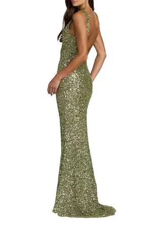Mac Duggal Petite High Neck Sleeveless Open Back Sequin Column Gown - Sage