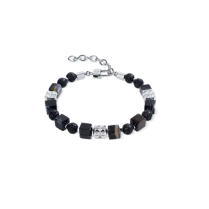 COEUR DE LION Striped Onyx Cube And Lava Bead Bracelet With Stainless Steel Spikes Cubes - Silver