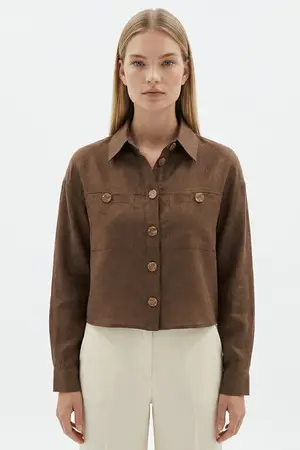 EXQUISE Seleneelle Long Sleeve Linen Crop Jacket