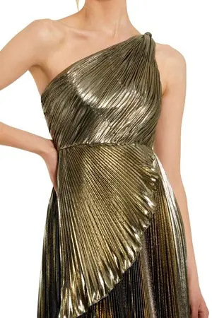 Mac Duggal Petite Metallic Pleated One Shoulder Gown