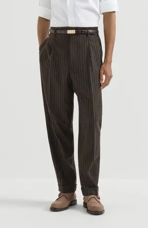 Brunello Cucinelli Virgin Wool And Cashmere Chalk Stripe Trousers With Double Pleats - Brown