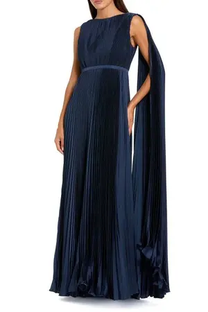 Mac Duggal Sleeveless High Neck Cape Back Heat Pleated Gown - Midnight