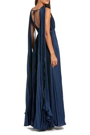 Mac Duggal Sleeveless High Neck Cape Back Heat Pleated Gown - Midnight