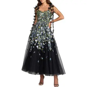 Mac Duggal Floral Embroidered Tulle A-line Gown - Black Multi