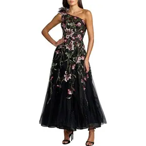 Mac Duggal One Shoulder Floral Embellished Tulle Midi Dress - Black Multi