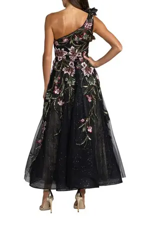 Mac Duggal One Shoulder Floral Embellished Tulle Midi Dress