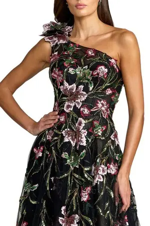 Mac Duggal One Shoulder Floral Embellished Tulle Midi Dress
