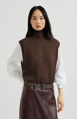 Brunello Cucinelli Cashmere And Silk Diamond Yarn Turtleneck Sweater Vest - Brown