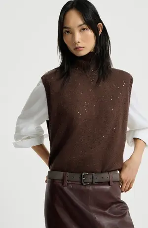 Brunello Cucinelli Cashmere And Silk Diamond Yarn Turtleneck Sweater Vest - Brown