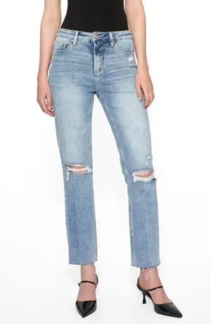 BAYEAS High Waist Ripped Straight Leg Jeans - Light Blue