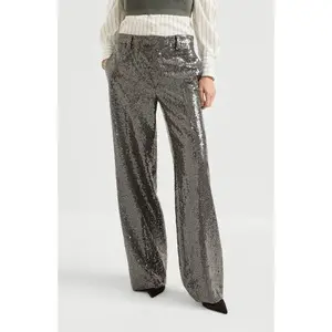 Brunello Cucinelli Dazzling Texture Embroidery Loose Flared Trousers In Virgin Wool Flannel - Dark Grey