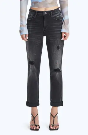 BAYEAS Paint Splatter Ripped High Waist Mom Jeans - Iron Black